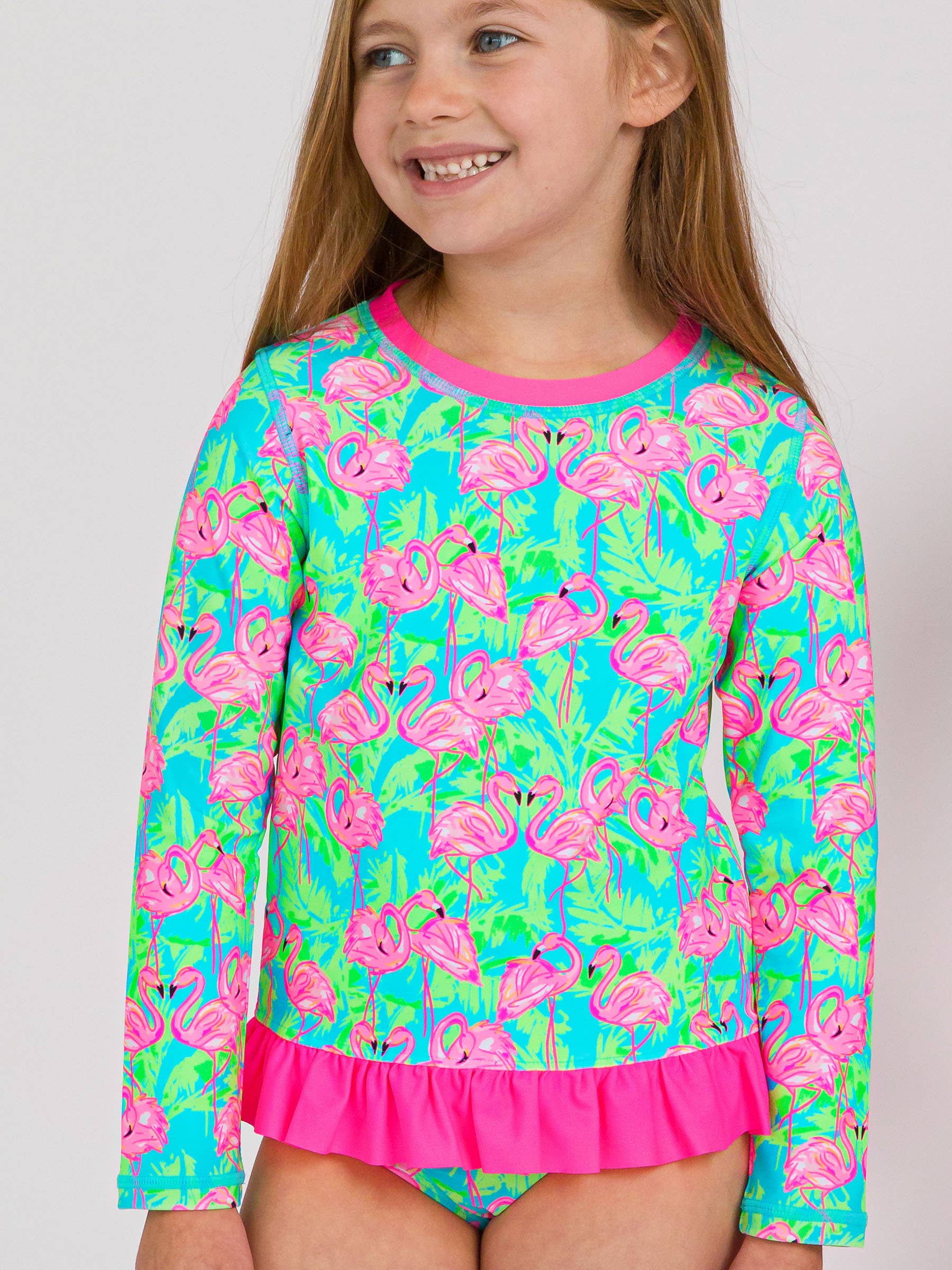 Girls Neon Flamingo Fun Long Sleeve Rash Guard 2-Piece Swimsuit with S ...